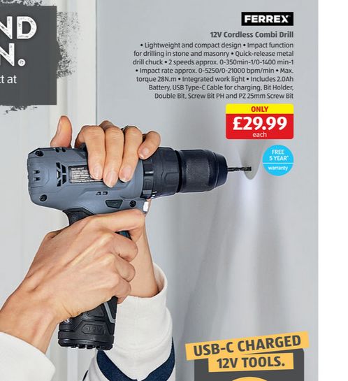 Ferrex 12V Cordless Impact Drill - £29.99 at Aldi | hotukdeals