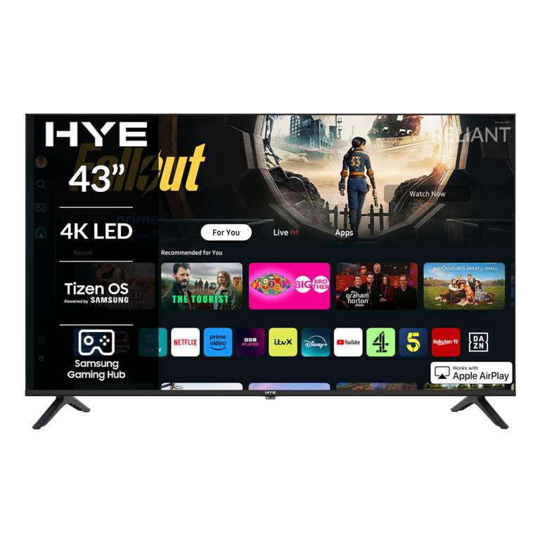 HYE Smart TV, 43" Screen Size, 4K Resolution, LED Technology, Apple ...