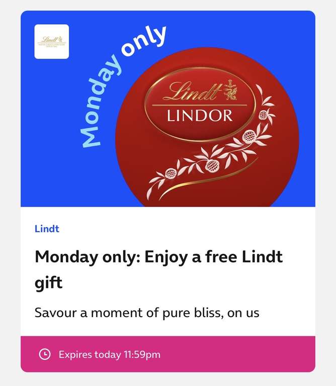 Free Lindt Milk Chocolate Bar 38g Today Only at O2 Priority | hotukdeals