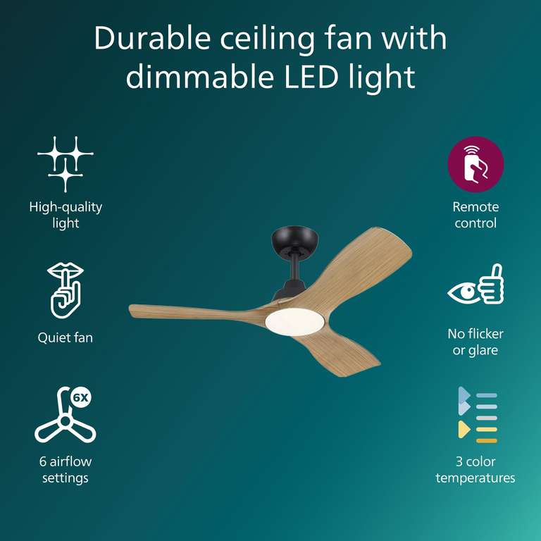 Philips Olas Ceiling Fan 42 with 24W LED Light & DC Motor, £111.99 at ...