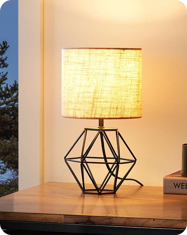 EDISHINE Bedside Lamp with Diamond Cage Base, Linen Shade, E14, Black ...