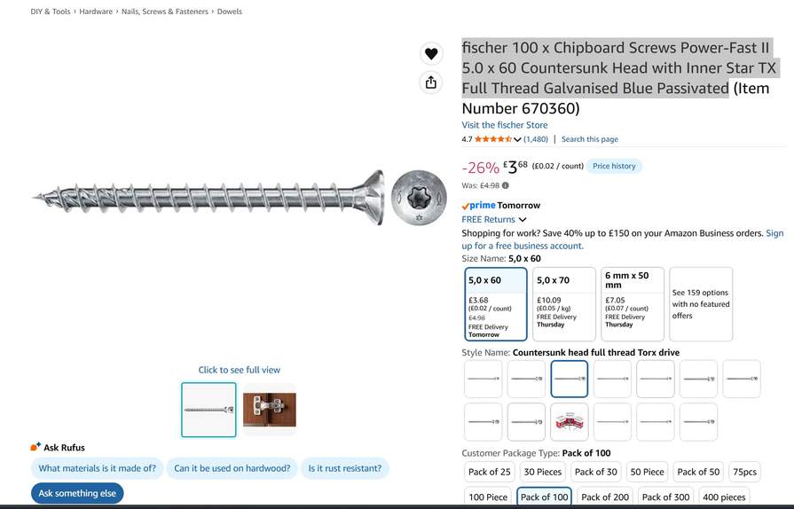 Power-Fast II Chipboard Screws 5.0 x 60 Countersunk TX Full Thread ...