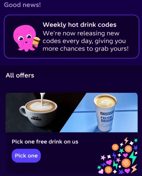 Octopus Free Coffee Codes Daily at Greggs & Caffe Nero | hotukdeals