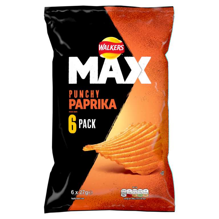 Walkers Max Punchy Paprika Multipack Crisps 6x27g at Amazon – £1.10 ...