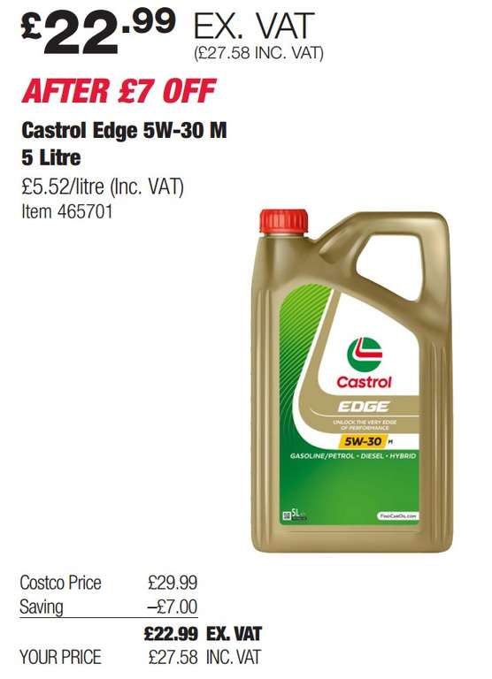 Castrol Edge 5W-30 M Engine Oil 5L - £27.58 at Costco | hotukdeals