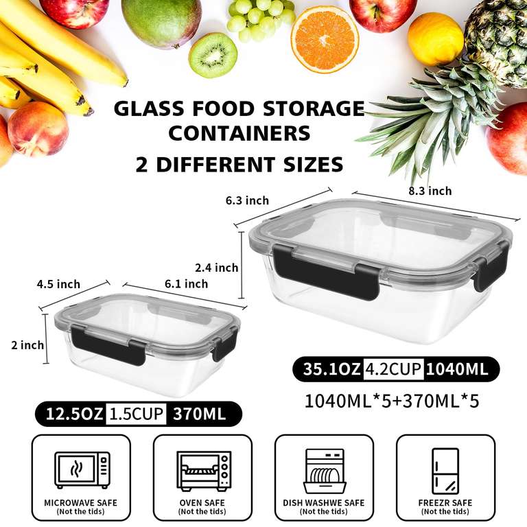 MEETOZ Glass Meal Prep Containers 10 Pack at Amazon - £19.99 | hotukdeals