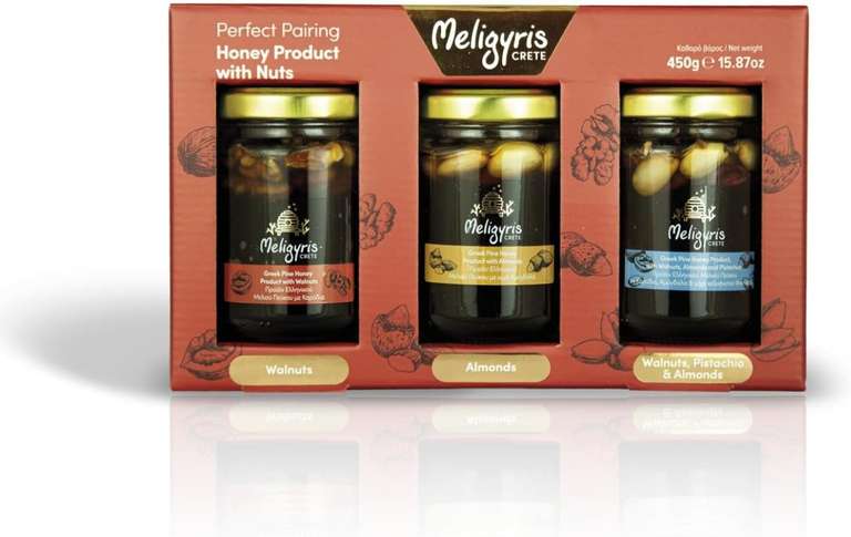 Meligyris Gift Set of Honey with Nuts, 3×150g – Greek Pine Honey with ...
