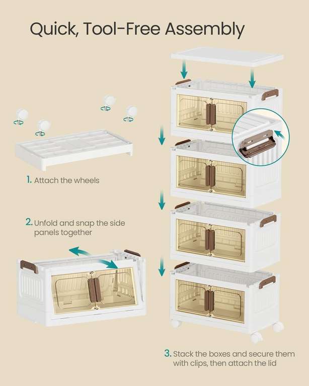Songmics Set of 4 25L Stackable Storage Boxes with Wheels & Magnetic ...
