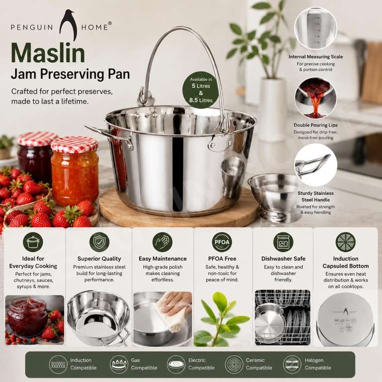 Penguin Home 5L Maslin Pan with 14cm Wide Neck Jam Funnel, Stainless ...