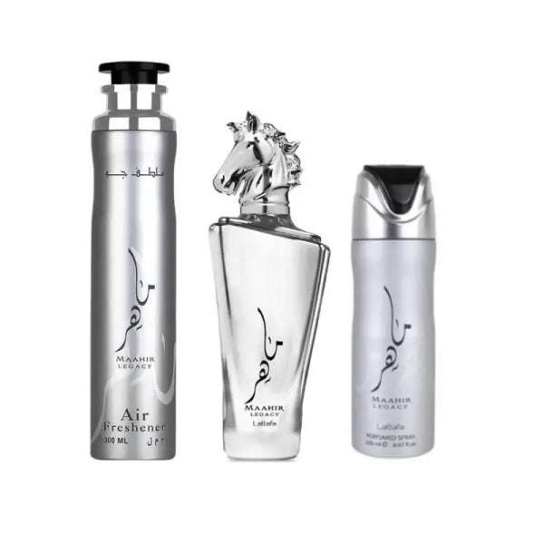 Lattafa Maahir Legacy 100ml EDP Spray + 200ml Perfume Spray + 300ml Air ...