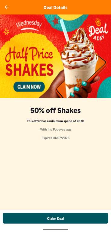 50% off shakes today at Popeye's with a 10p minimum spend - app only ...