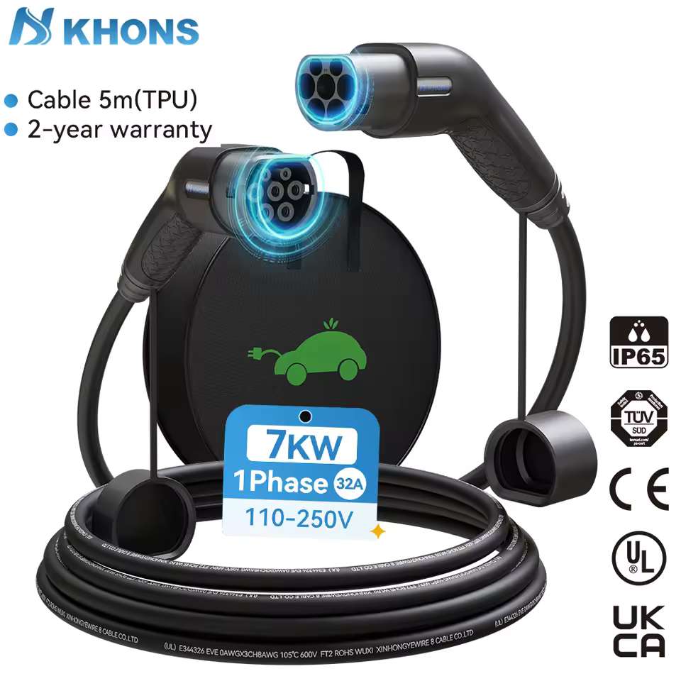 Khons 7kW Type2 to Type2 EV Cable 32A IEC62196-2, 5m, at AliExpress