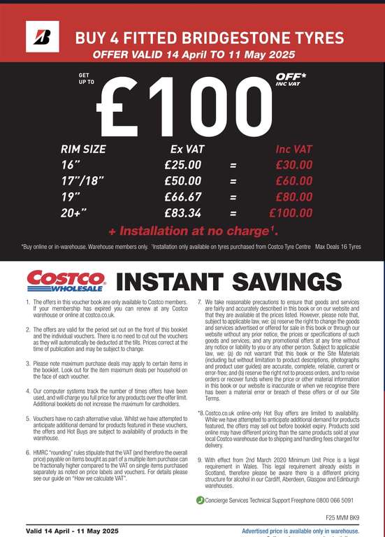 Bridgestone Tyres: Up to £100 Off 4 Fitted at Costco | hotukdeals