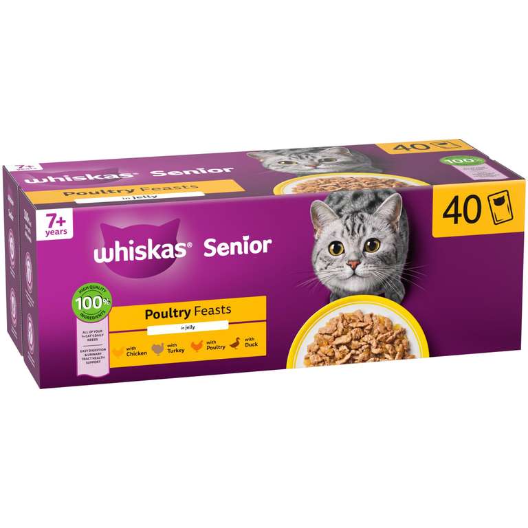 WHISKAS Senior 7+ Wet Cat Food in Jelly 40x85g Poultry Feasts £10.00 at ...