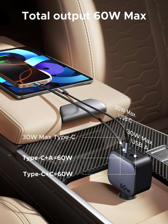 UGREEN 60W Retractable Car Charger 3-Port Fast Charge 90W £15.99 at ...