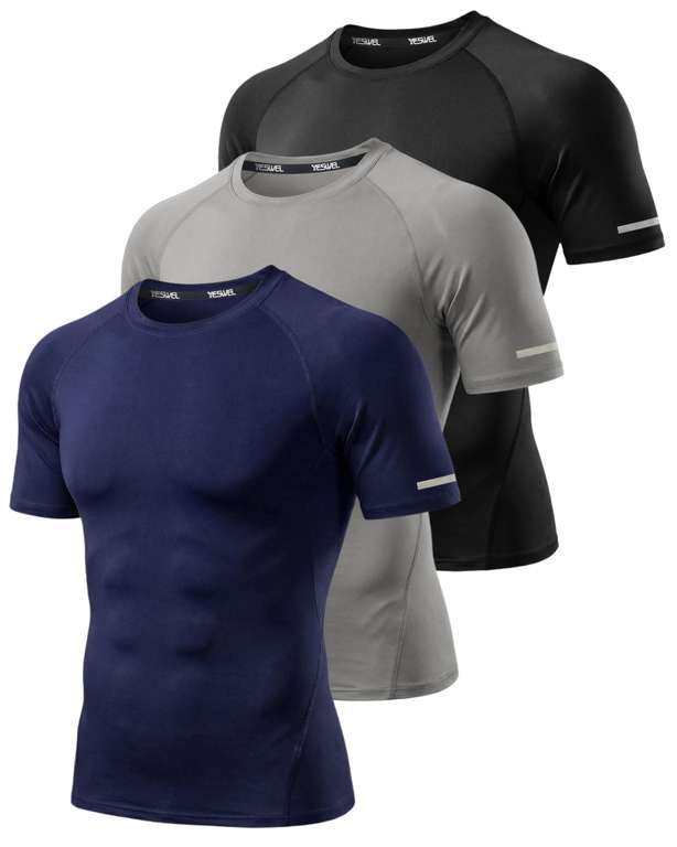 YESWEL 3 Pack Mens Compression Gym T-Shirts Quick Dry Fit - Multicolour ...