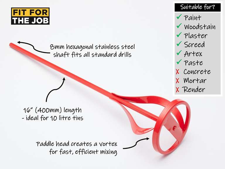 Fit For The Job 16 inch (400mm) Drill Fit Paddle Mixer Stirrer for Fast ...
