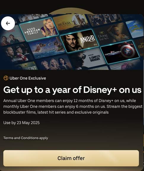 12 Months Disney+ Standard for £49.99 with Uber One | hotukdeals