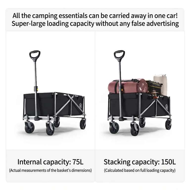 Ochama Foldable Camping Wagon 75L Black – 100kg Load, 150L Stackable ...