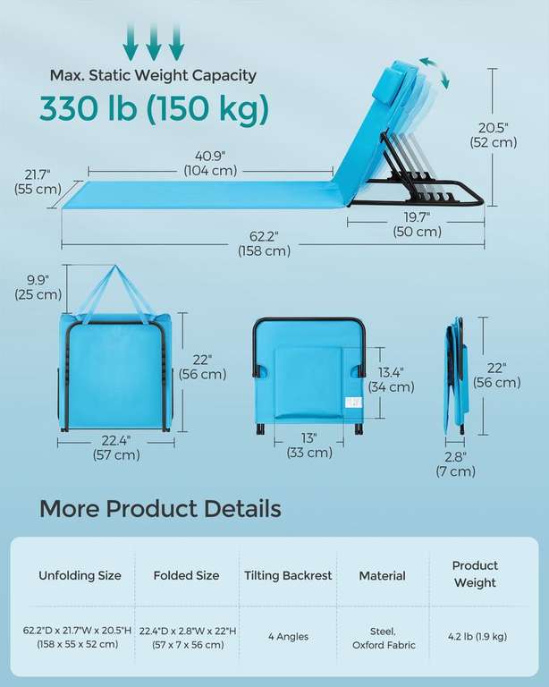 SONGMICS Set of 2 Folding Beach Sunloungers with Handle Sky Blue ...