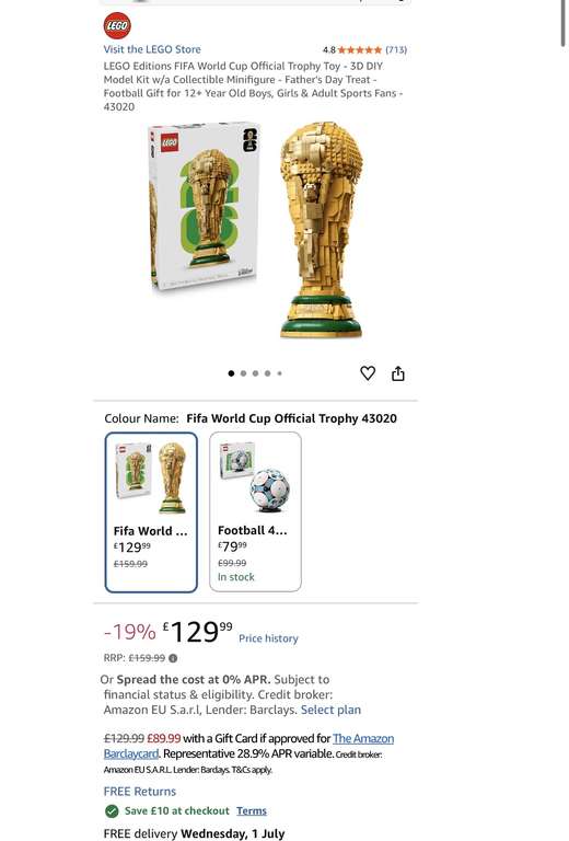 LEGO Editions 43020 FIFA World Cup Official Trophy – £119.99 at Amazon ...