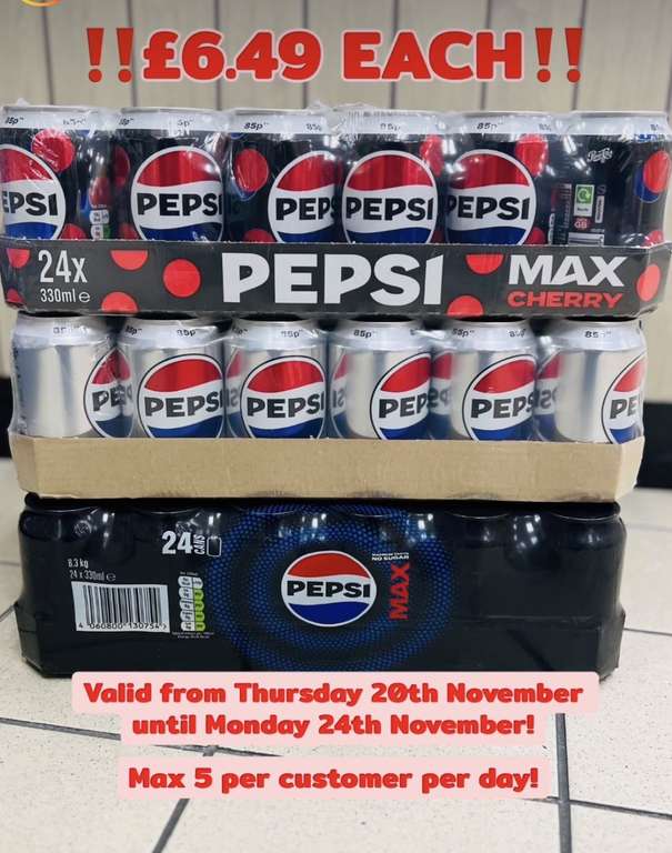 Pepsi Max, Cherry & Diet Pepsi 24 Cans - 330ml Only £6.49 at FarmFoods ...