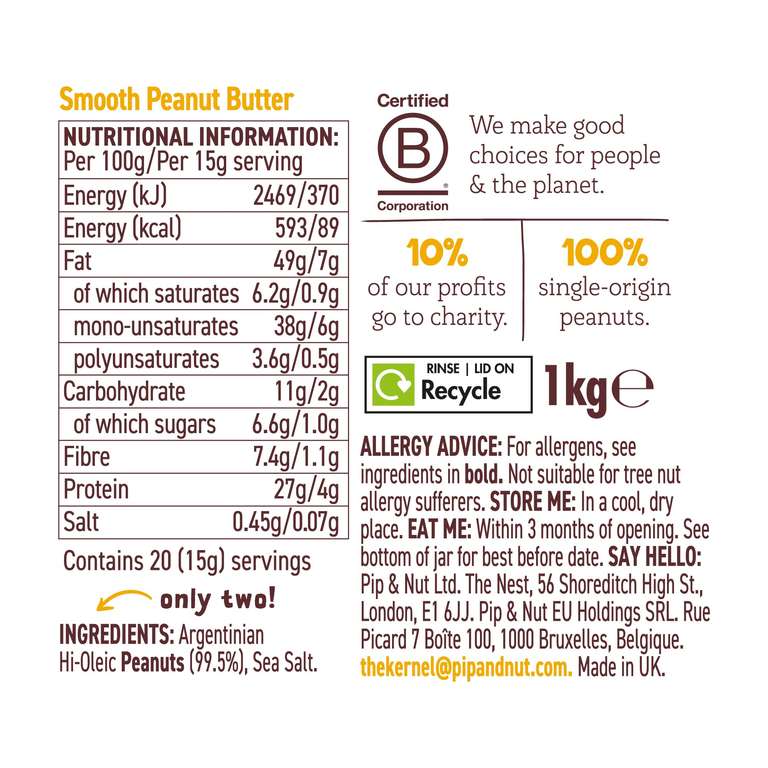 Pip & Nut Smooth Peanut Butter 1kg – £5.95 at Amazon | hotukdeals