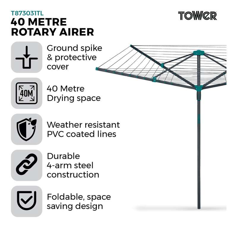 Tower 40m 4-Arm Rotary Airer Washing Line with Cover & Ground Spike ...