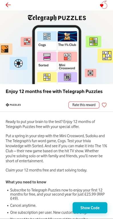 Telegraph Puzzles: 12 Months Free with VeryMe Rewards at Vodafone