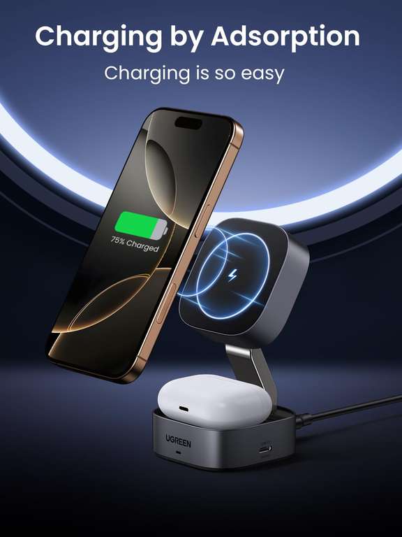UGREEN MagFlow MagSafe Charger Stand 2-in-1 Qi Certified, £18.99 at ...