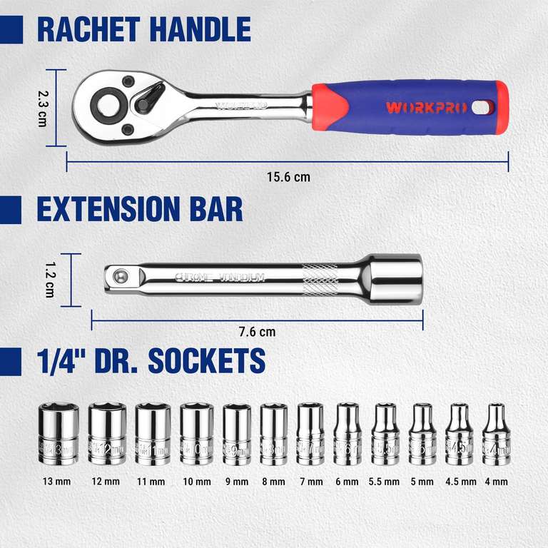 WORKPRO 14-Piece Metric Socket Wrench Set (4-13mm), Anti-Rust Cr-V ...
