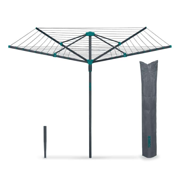 Tower 40m 4-Arm Rotary Airer Washing Line with Cover & Ground Spike ...