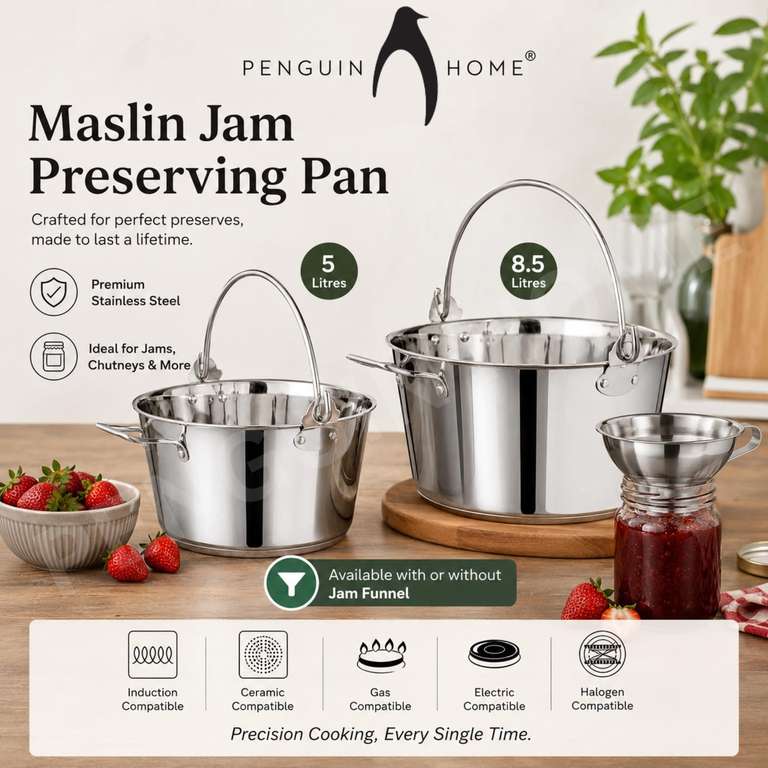 Penguin Home 5L Maslin Pan with 14cm Wide Neck Jam Funnel, Stainless ...