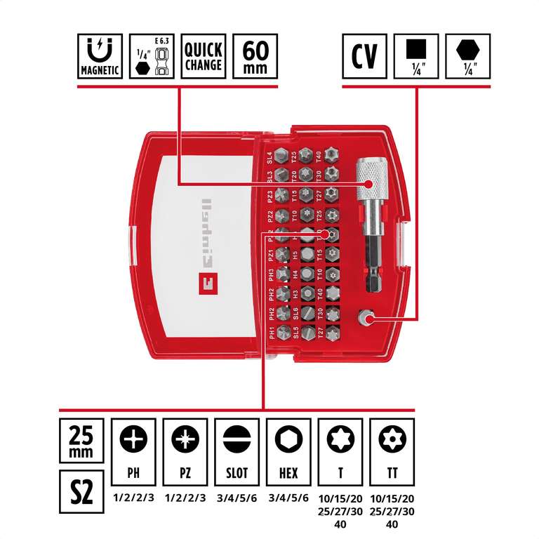 Einhell 32-piece Bit Box 30x25 mm CRV Bits, 60 mm Quick-Change Holder ...