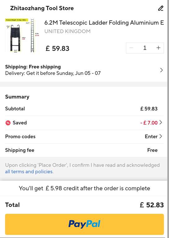6.2M Telescopic Aluminium Ladder with Hook – 330lb EN131, 20.3ft at ...