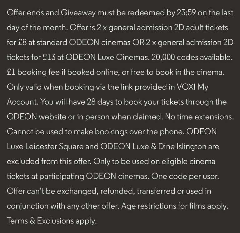 ODEON Cinema Tickets: 2 for £8 Monthly at Voxi | hotukdeals