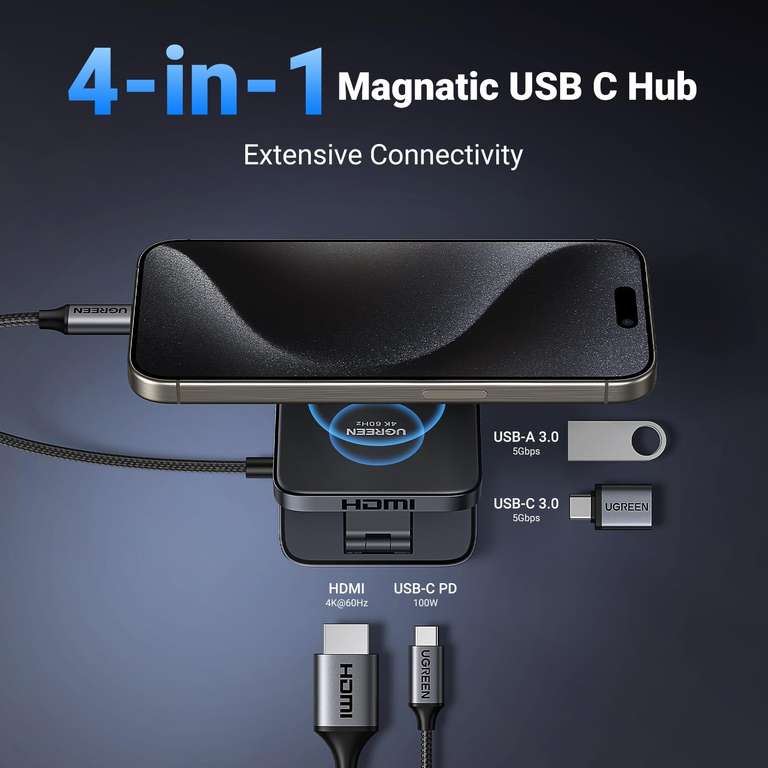 UGREEN USB C Hub 4-in-1 4K@60Hz HDMI, 100W PD, USB-A/C Data, Foldable ...