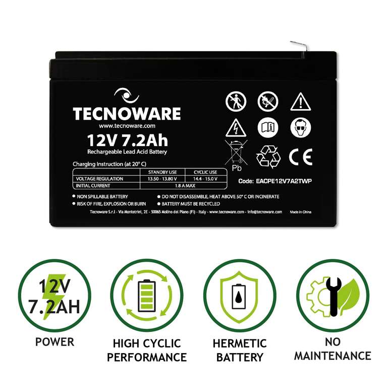 Tecnoware Power Systems, 12V Charge 7.2 Ah Lead-Acid Sealed Battery ...