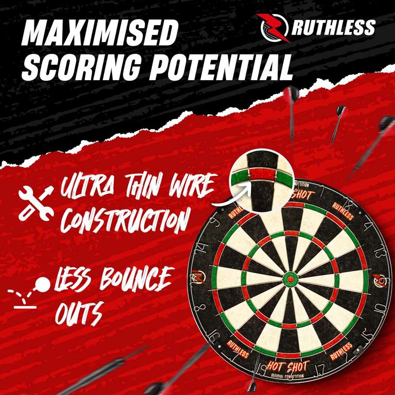 Ruthless Hot Shot Dart Board – 2x Steel Tip Darts, 450mm Sisal Board at ...