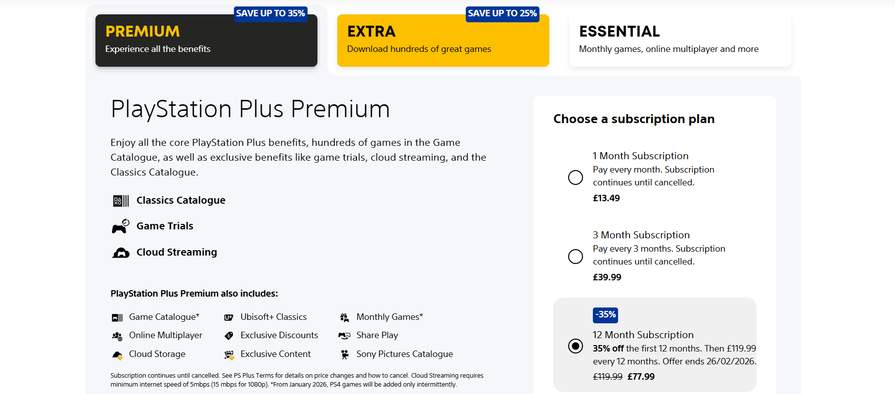 PlayStation Plus 12 Month Membership: Extra £64.84, Premium £67.84 at ...