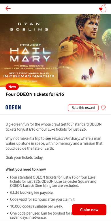 Four ODEON tickets for £16 at Vodafone – VeryMe Rewards at Vodafone ...