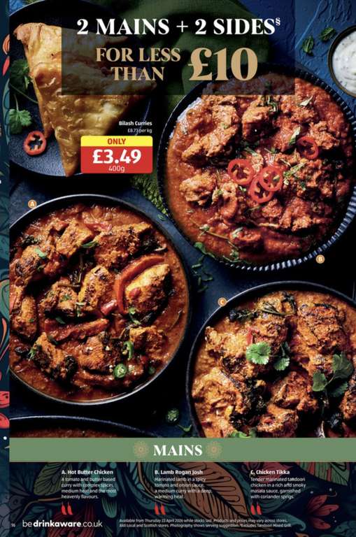 Bilash Curry Range: 2 mains + 2 sides under £10 at Aldi - £3.49