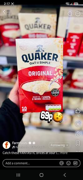 Quaker Oats Original 10 sachets £0.69 at FarmFoods | hotukdeals