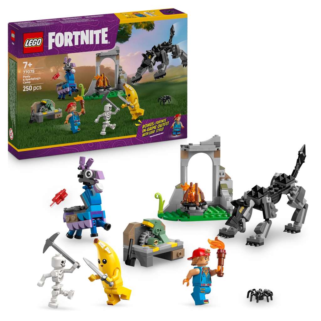 LEGO Fortnite Peely & Sparkplug’s Camp Toy - incl. Wolf & Supply Llama ...