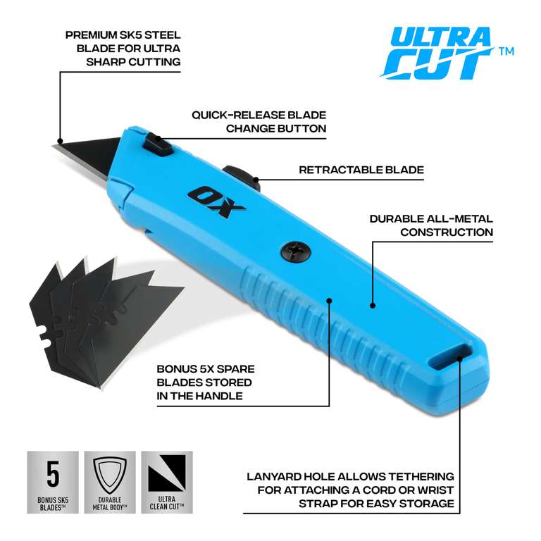 OX Trade Retractable Utility Knife Including 5 SK5 Blades with Storage ...