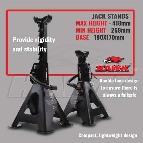 Hawk compact hydraulic trolley jack 2 tonne & 2 axle stands pair combo ...