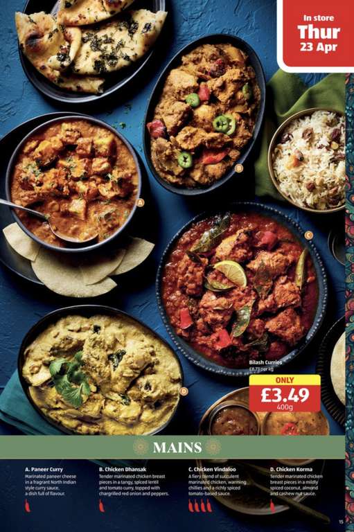 Bilash Curry Range: 2 mains + 2 sides under £10 at Aldi - £3.49