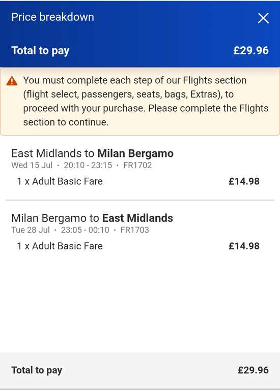 29.96 East Midlands → Milan Bergamo Ryanair 40x20x30cm Hand Luggage ...