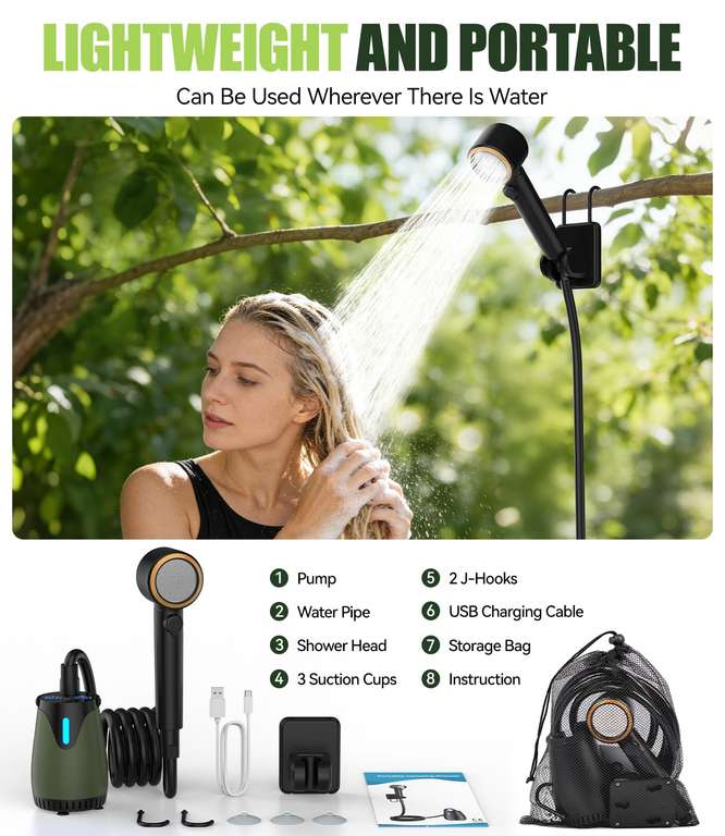 Portable Rechargeable USB-C Shower with 8000mAh battery – IPX8 ...