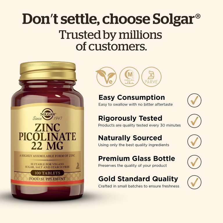 Solgar Zinc Picolinate 22 Mg Tablets x 100 – £6.96 at Prime Amazon ...